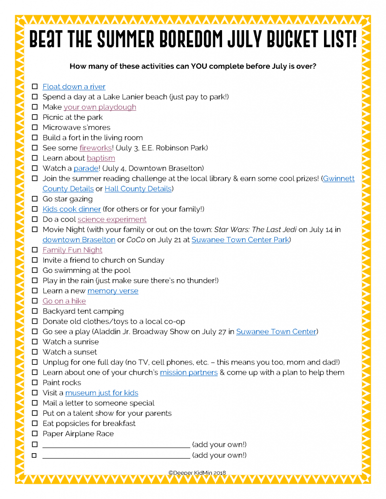 Beat the Summer Boredom Bucket List – Deeper KidMin